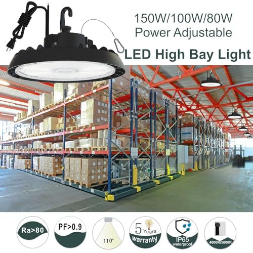 Treligate UFO Led High Bay Light 150W 200W 240W Wattage Adjustable 4000K 5000K CCT Selectable 1-10V Dimmable High Bay Lights with 5' US Plug Alternative to 650W MH/HPS for Factory Warehouse Grey