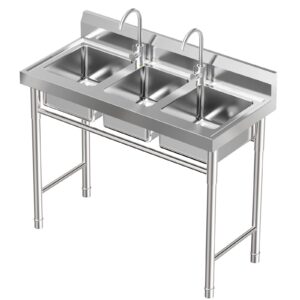 3 compartment sink, stainless steel freestanding utility sink commercial triple bowl kitchen sink with 2 hot & cold faucet kitchen sink station for restaurant bar home laundry room garage 39*18*35.8in