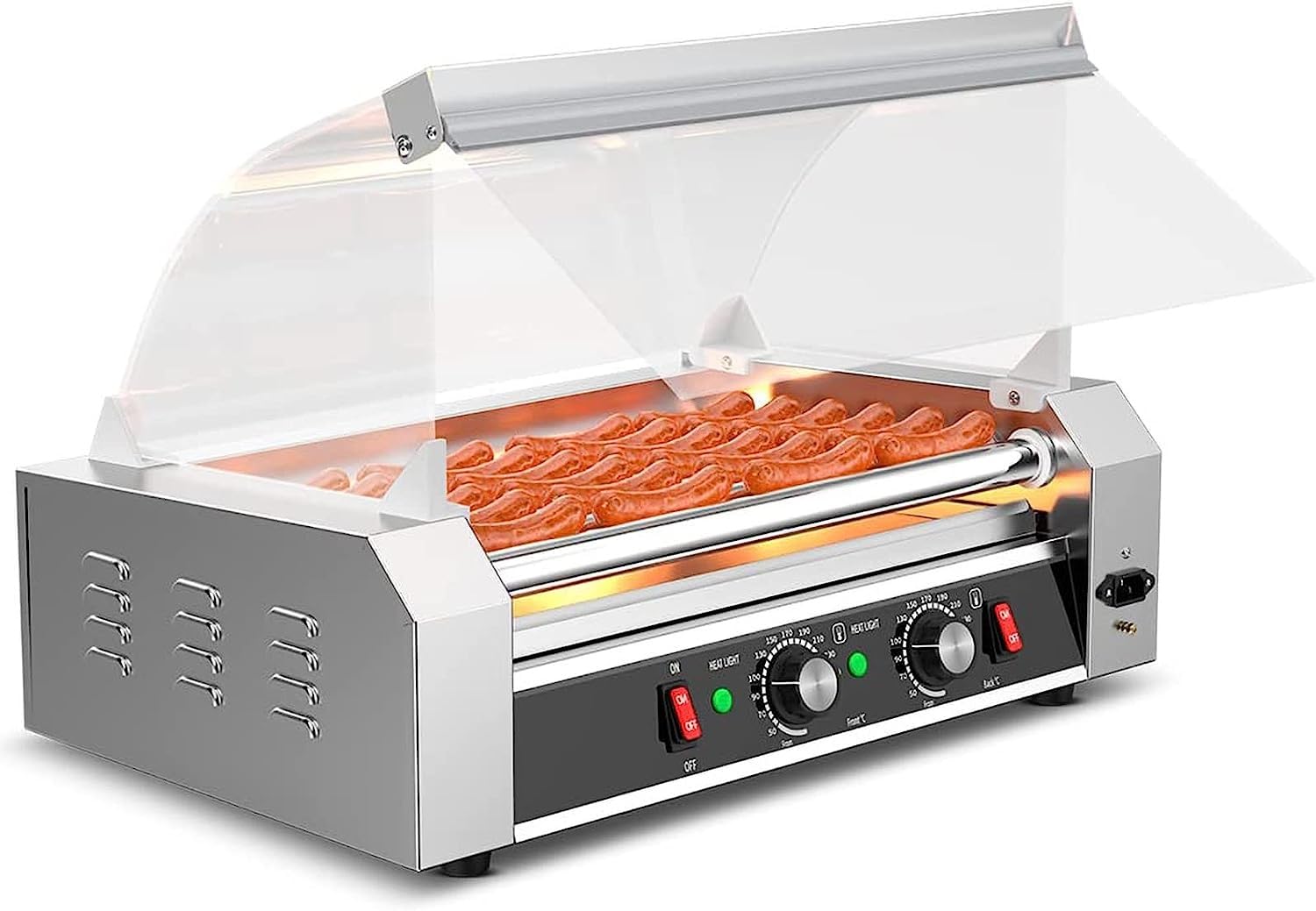 TREEYX 7 Roller Grill Hot Dog Warmers Cooker Machine Stainless Steel with Dual Temp Control, Detachable Acrylic Cover LED