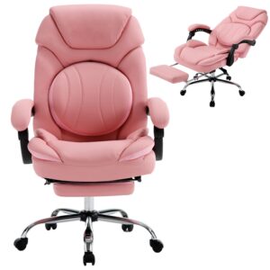 comermax 350lbs reclining office desk chairs with footrest back support pu leather high back wide seat recliner executive office chairs for women, big tall managerial chairs, pink