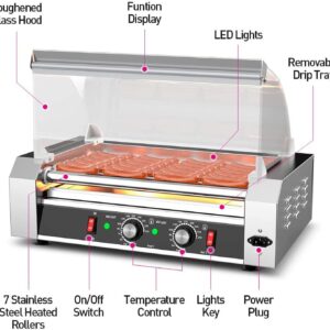 TREEYX 7 Roller Grill Hot Dog Warmers Cooker Machine Stainless Steel with Dual Temp Control, Detachable Acrylic Cover LED