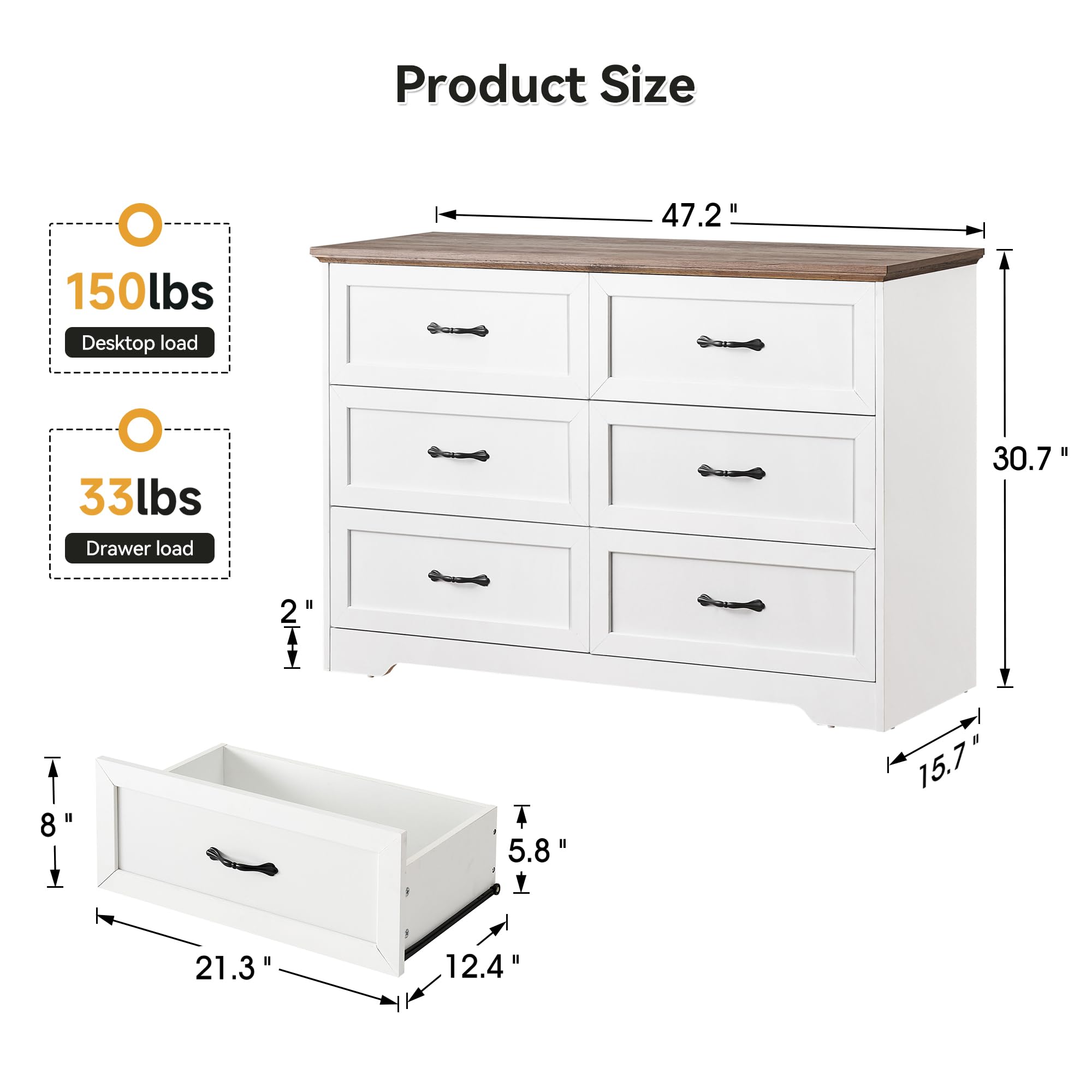 GarveeHome Modern 6 Drawers Dresser, Chest of Drawers Closet Organizers and Storage Clothes, Modern Dressers for Closet Living Room, Kids Bedroom (6 Drawers Dresser, Brown&White)