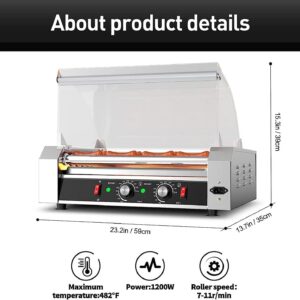 TREEYX 7 Roller Grill Hot Dog Warmers Cooker Machine Stainless Steel with Dual Temp Control, Detachable Acrylic Cover LED