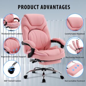 Comermax 350lbs Reclining Office Desk Chairs with Footrest Back Support PU Leather High Back Wide Seat Recliner Executive Office Chairs for Women, Big Tall Managerial Chairs, Pink