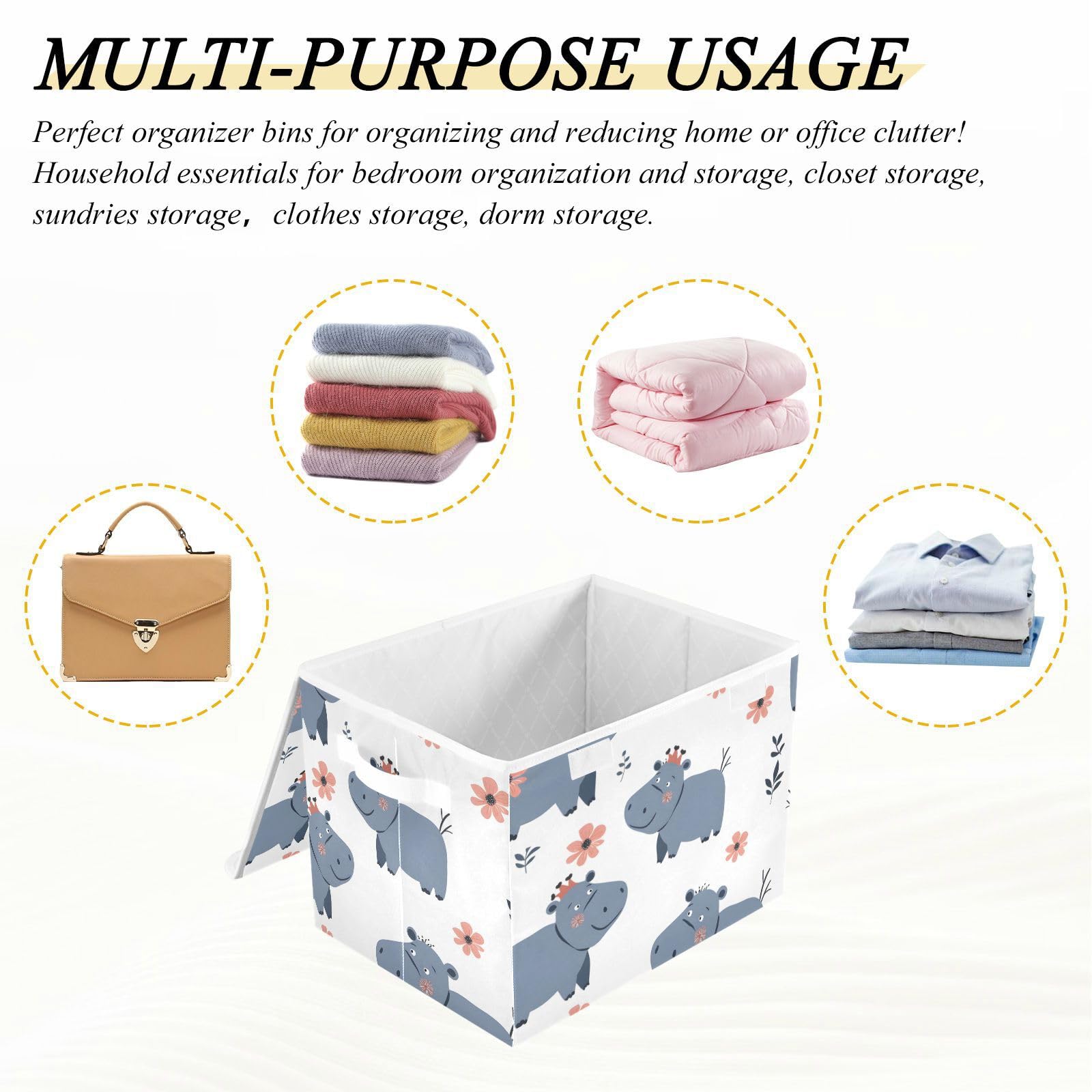 SUABO Large Collapsible Storage Bins with Lids & Handles,Cartoon Animals Seamless Hippo Rectangle Fabric Storage Organizer Boxes Baskets Closet For Clothes Toys