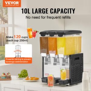 VEVOR Commercial Beverage Dispenser, 3 Tanks 10 L / 10.6 QT Per Tank Juice Dispenser, 440W Stainless Steel Ice Tea Drink Machine with 45°F-54°F Cooling Temperature, for Cold Drink Restaurant Bar Party