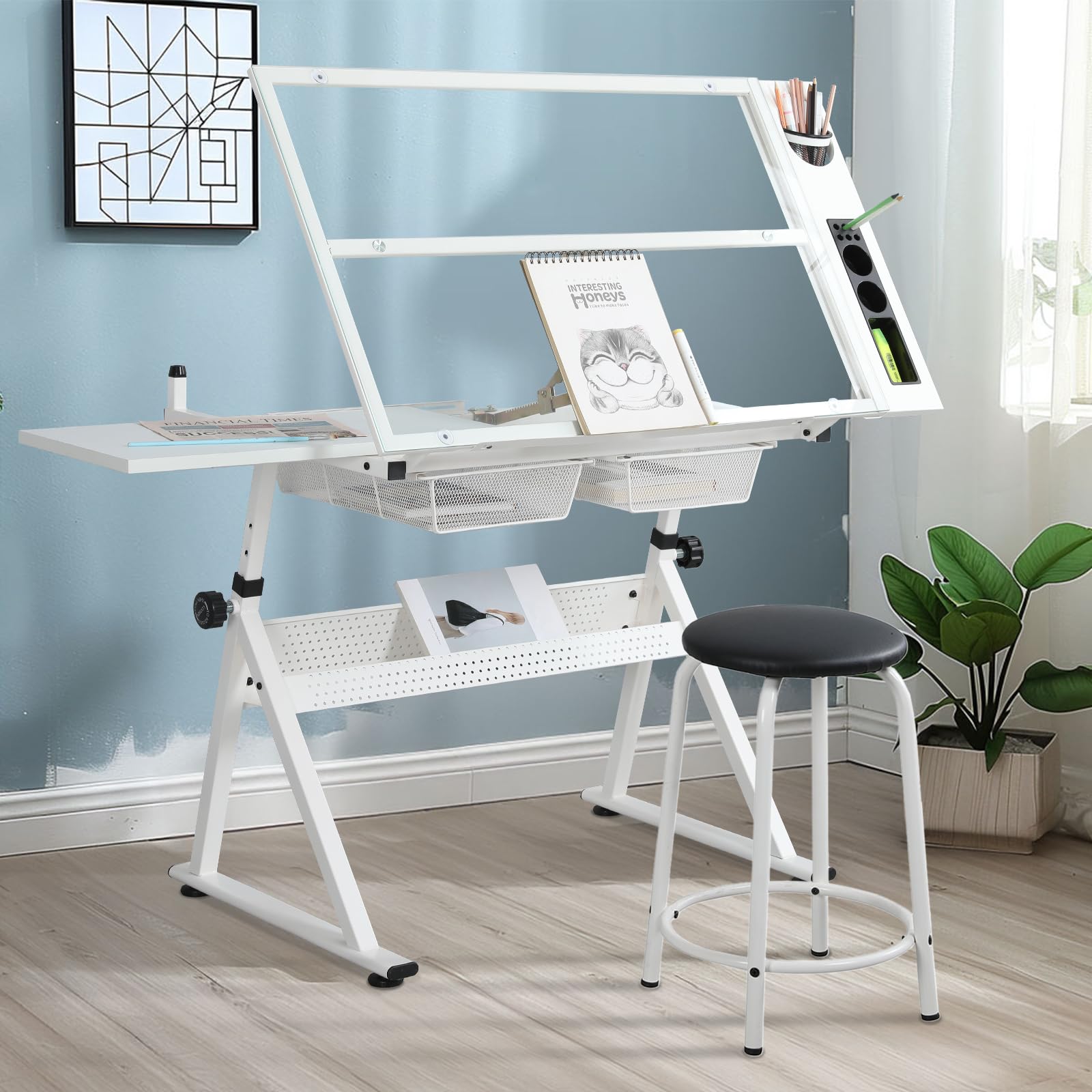 Miscoos Adjustable White Tempered Glass Drafting Table with Chair, 39.76" x 23.60" | Steel Frame, Anti-Slip Feet, Storage & Pen Holder