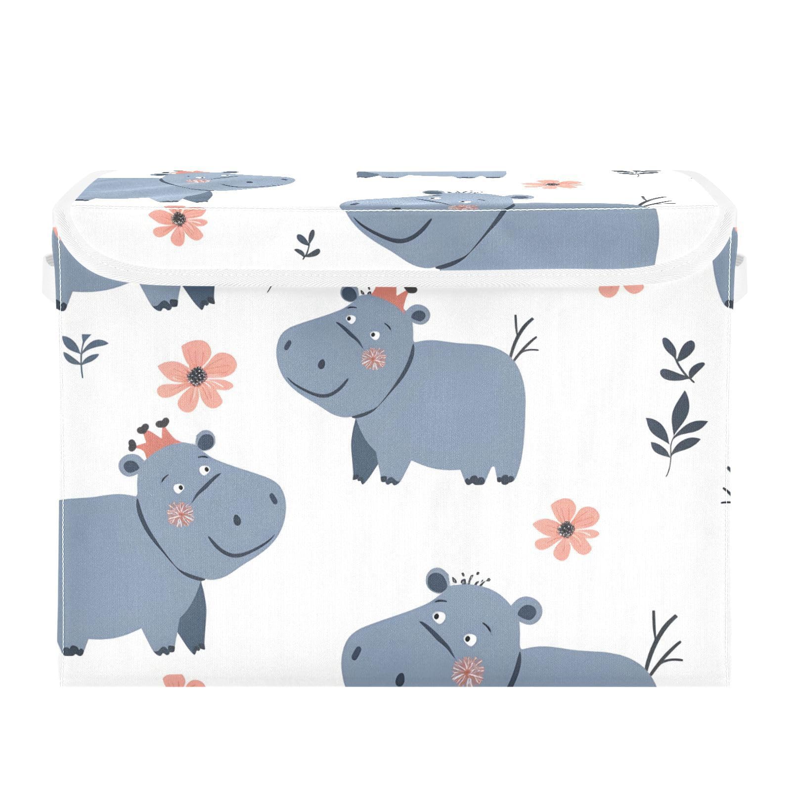 SUABO Large Collapsible Storage Bins with Lids & Handles,Cartoon Animals Seamless Hippo Rectangle Fabric Storage Organizer Boxes Baskets Closet For Clothes Toys