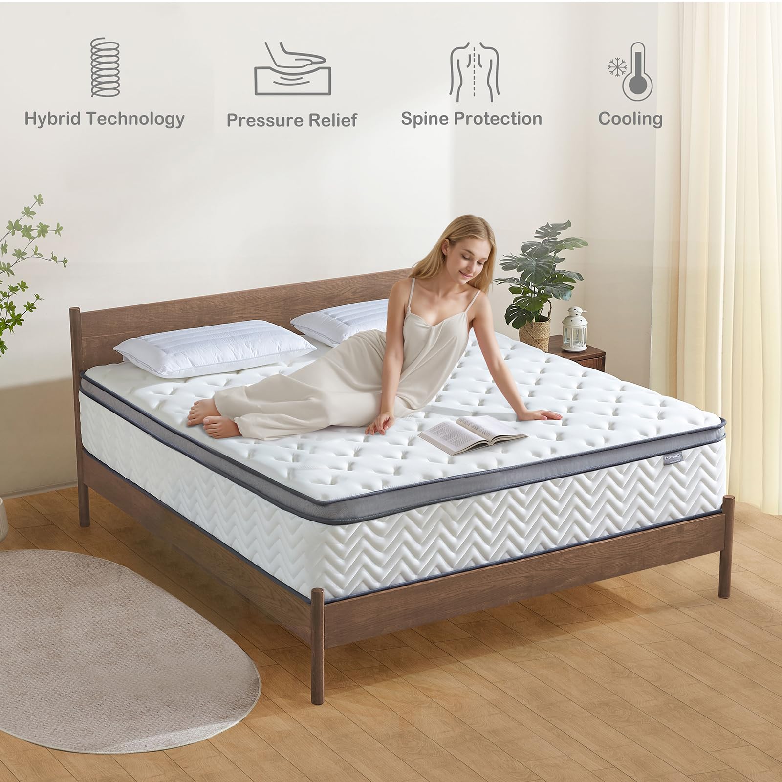 Lynnbery Queen Mattress, 14 Inch Queen Size Hybrid Mattress with Memory Foam and Individual Pocket Spring for Motion Isolation, Pressure Relief, Medium Firm Mattress in a Box, 60"*80"*14"