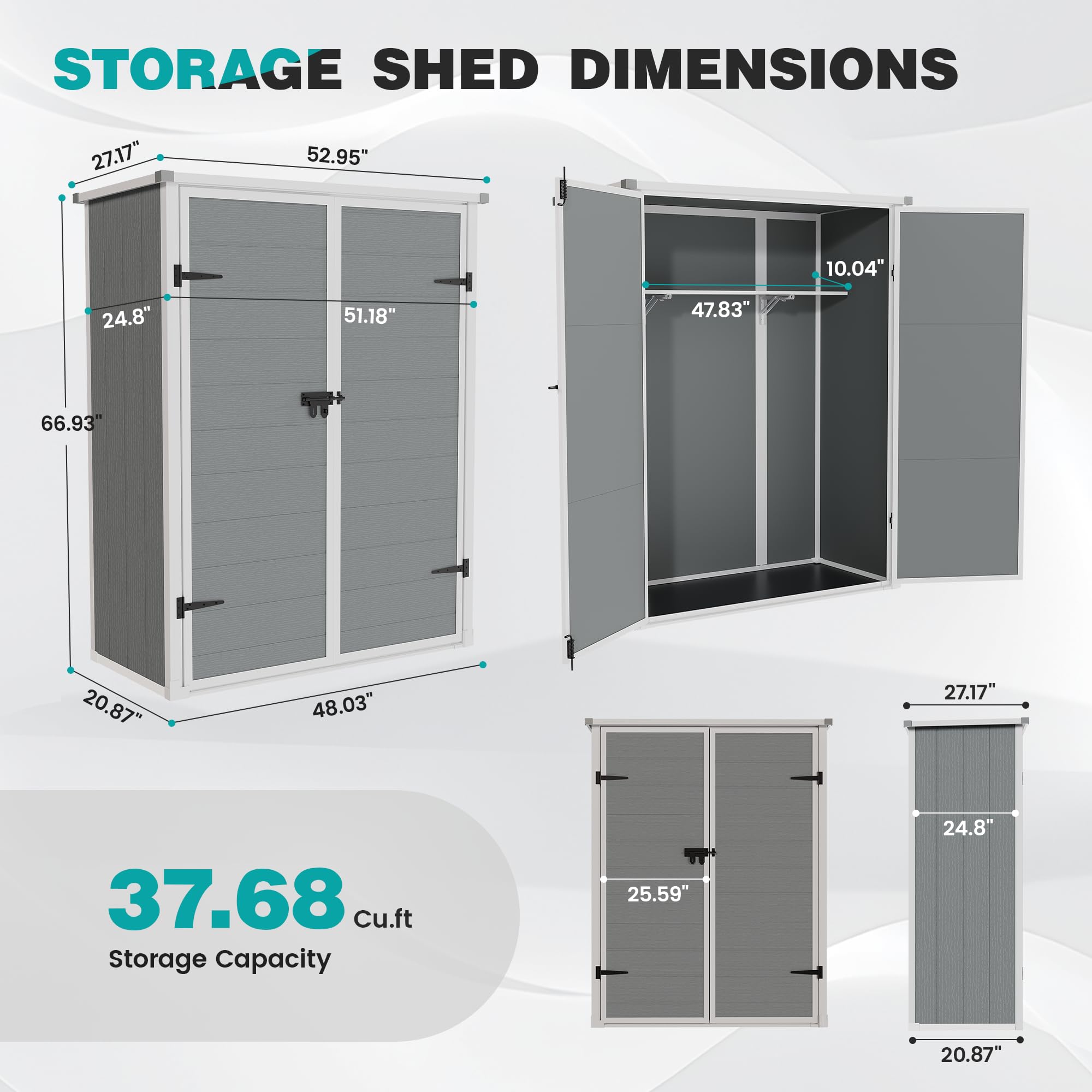 UDPATIO Resin Vertical Lockable Storage Shed, 4.3 ft x 5.6 ft Outdoor Storage Shed Waterproof Resin Cabinet for Garden, Backyard, Lawn, Grey White