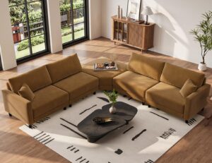 txtin's 137" sectional couches for living room, 4 seat sectional couch with removable ottoman, convertible modular sofa for home, brown