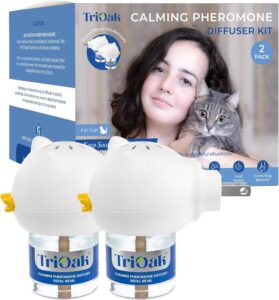 trioak cat pheromones calming diffuser: premium cat calming diffuser - cat pheromone diffuser - pheromone diffuser to calm cats - cute shape feline pheromone diffuser, 2pack (blue)