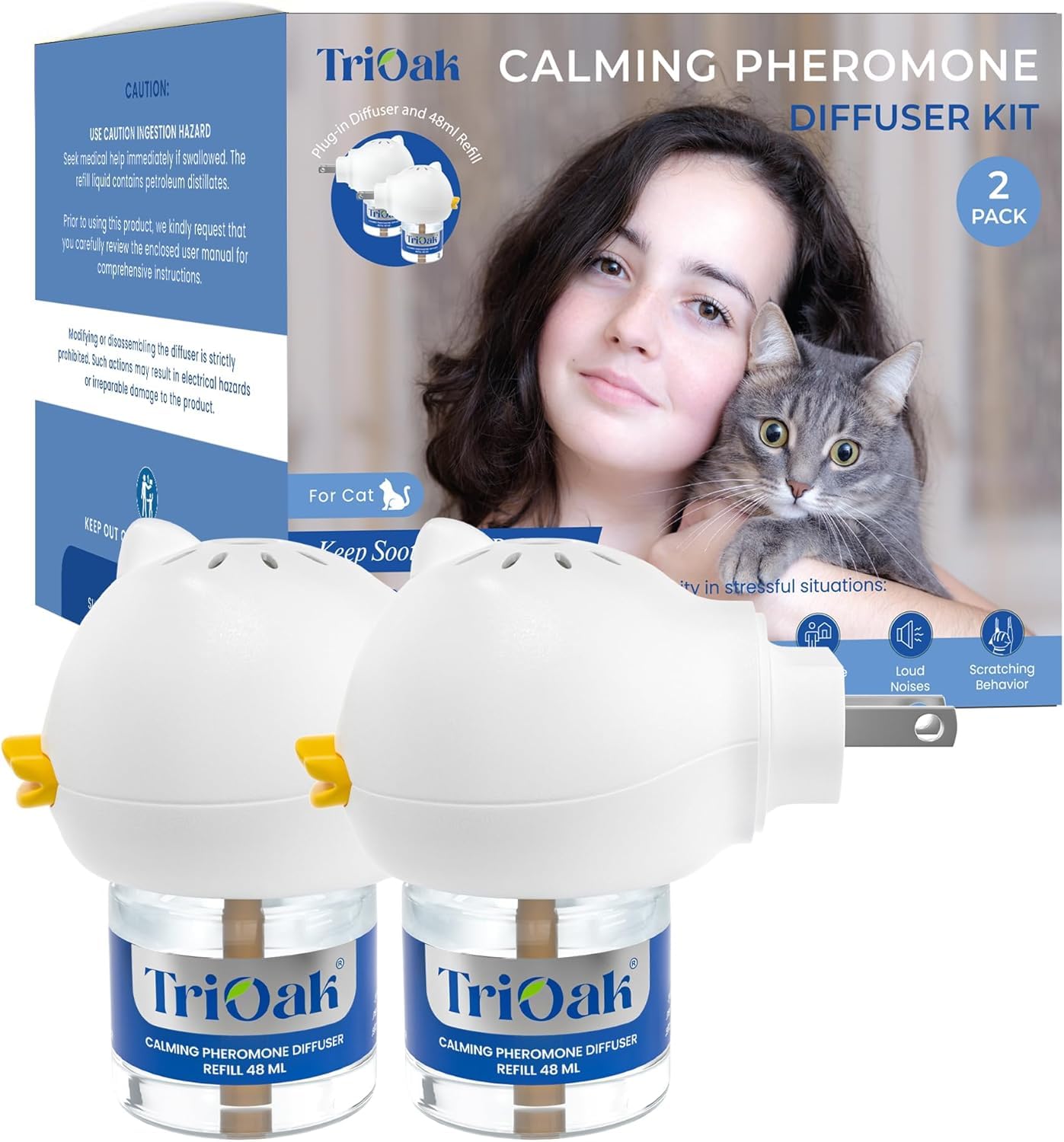 TriOak Cat Pheromones Calming Diffuser: Premium Cat Calming Diffuser - Cat Pheromone Diffuser - Pheromone Diffuser to Calm Cats - Cute Shape Feline Pheromone Diffuser, 2Pack (Blue)