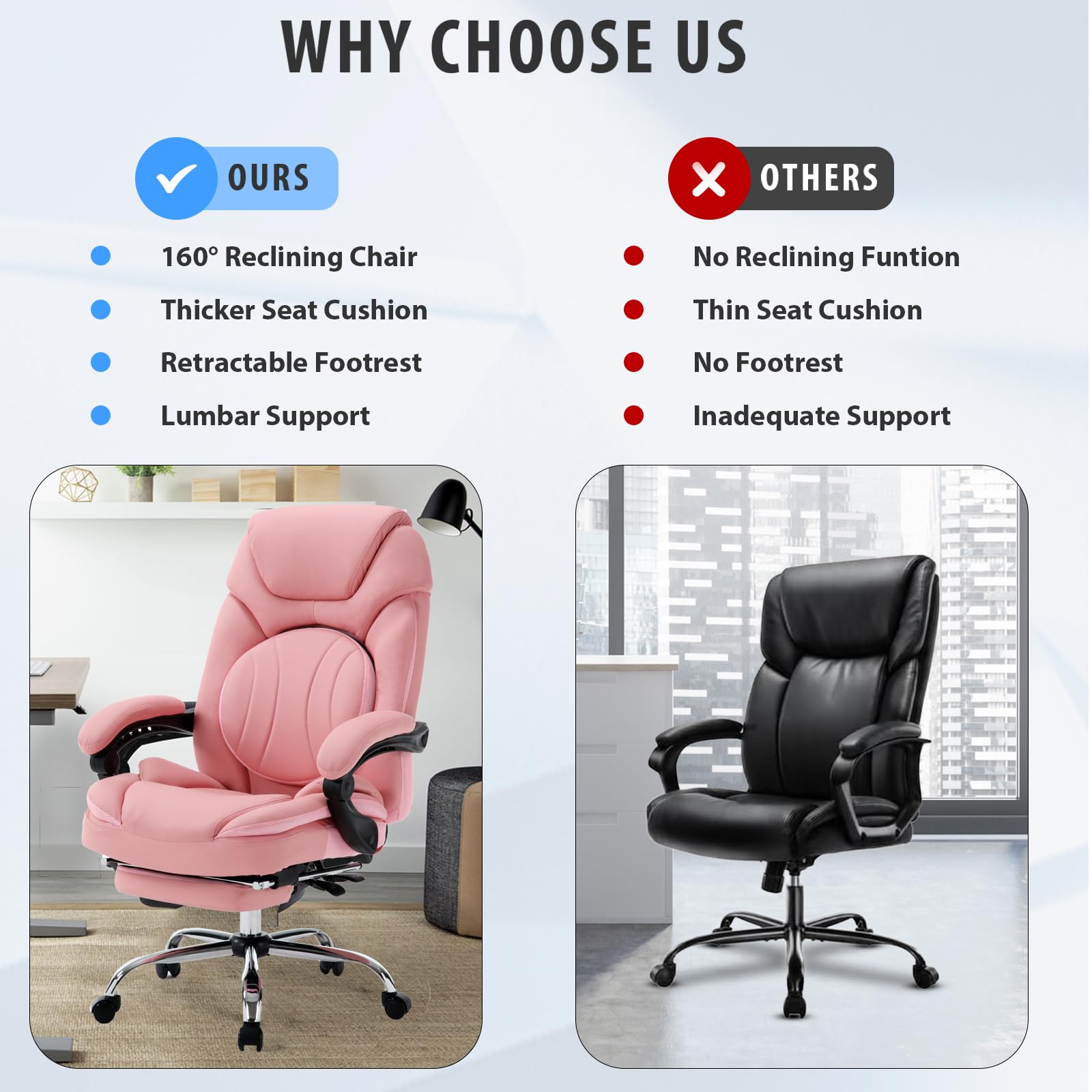 Comermax 350lbs Reclining Office Desk Chairs with Footrest Back Support PU Leather High Back Wide Seat Recliner Executive Office Chairs for Women, Big Tall Managerial Chairs, Pink