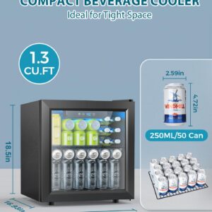 Electactic 50 Cans Beverage Refrigerator Cooler, 1.3 Cu.ft Mini Fridge Countertop Drink Cooler with Glass Door for Beer, Soda,Wine, Adjustable Digital Temperature Control for Home Dorm Bar, Black