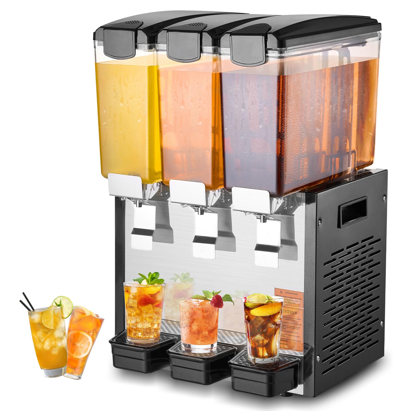 VEVOR Commercial Beverage Dispenser, 3 Tanks 10 L / 10.6 QT Per Tank Juice Dispenser, 440W Stainless Steel Ice Tea Drink Machine with 45°F-54°F Cooling Temperature, for Cold Drink Restaurant Bar Party