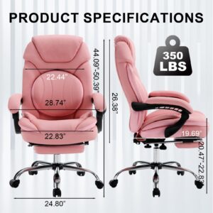 Comermax 350lbs Reclining Office Desk Chairs with Footrest Back Support PU Leather High Back Wide Seat Recliner Executive Office Chairs for Women, Big Tall Managerial Chairs, Pink