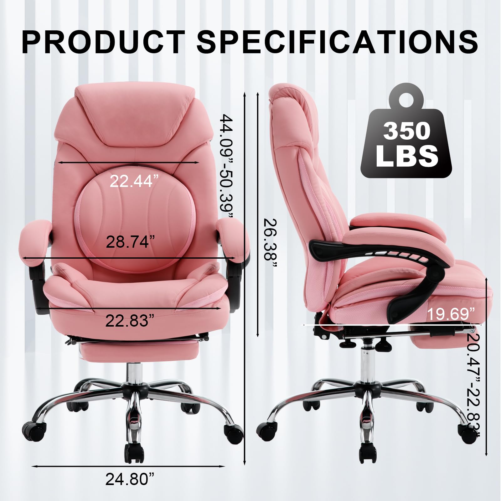 Comermax 350lbs Reclining Office Desk Chairs with Footrest Back Support PU Leather High Back Wide Seat Recliner Executive Office Chairs for Women, Big Tall Managerial Chairs, Pink