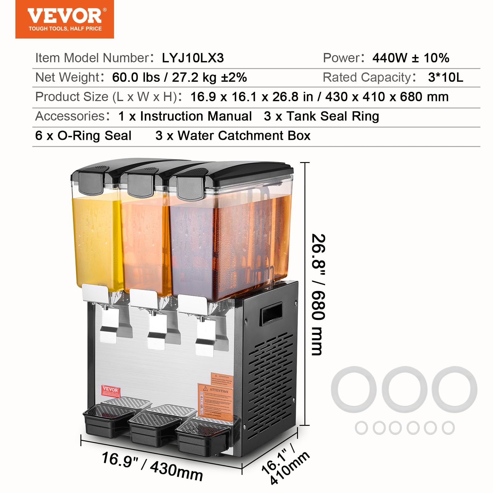 VEVOR Commercial Beverage Dispenser, 3 Tanks 10 L / 10.6 QT Per Tank Juice Dispenser, 440W Stainless Steel Ice Tea Drink Machine with 45°F-54°F Cooling Temperature, for Cold Drink Restaurant Bar Party