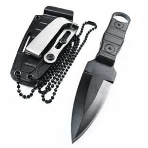 wild tactical fixed blade knife, full tang w/kydex sheath, belt clip and necklace easy carry, good for camping hiking knife, fishing hunting edc min knife black