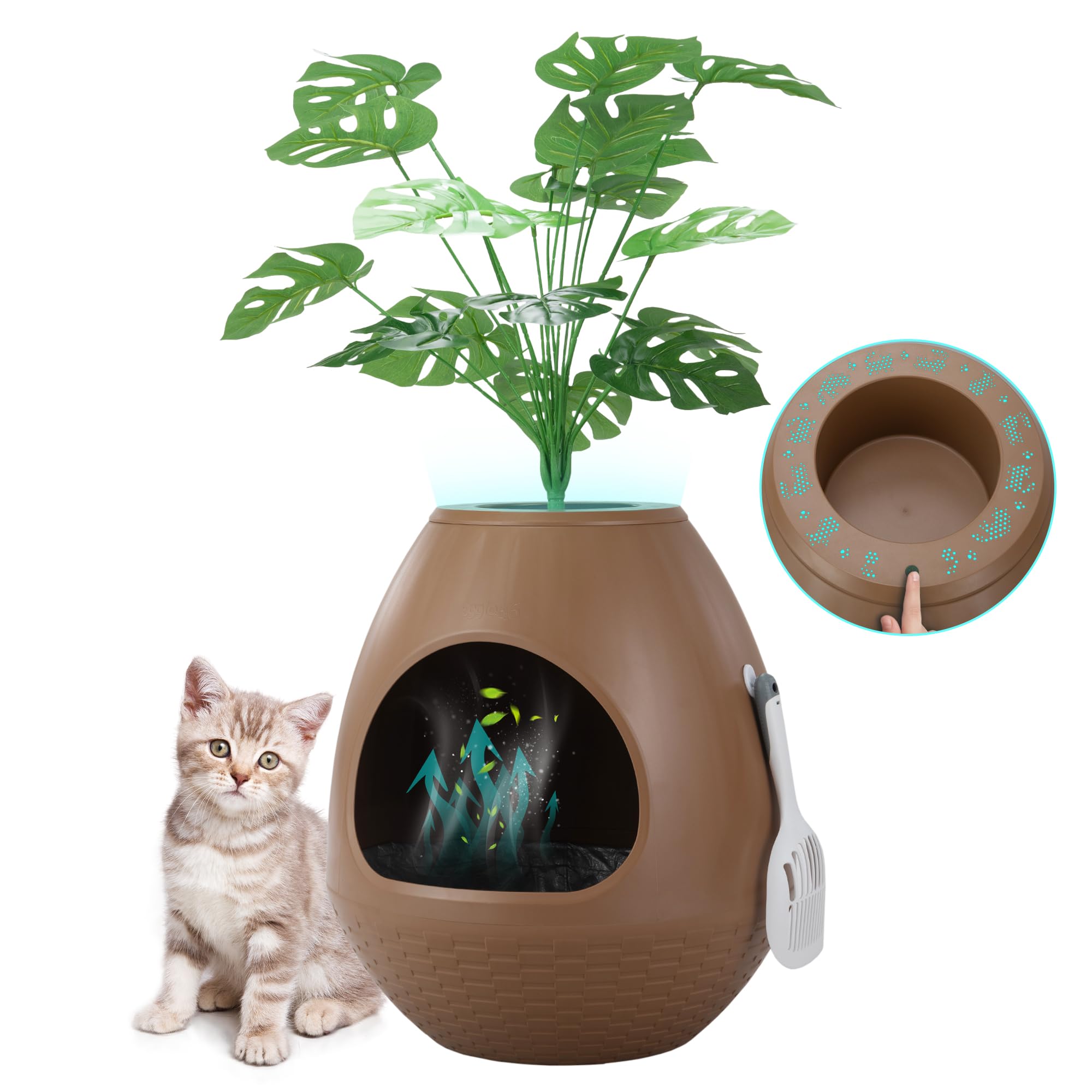 Eggloa6 Litter Box Plant Cat Litter Box Enclosure Secret Hidden Kitty Planter Litter Box Cat Litter & Housebreaking Cat Furniture with Smart Odor Removal System, Artificial Plants & Scoop (Brown)