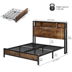 YITAHOME Queen Bed Frame with 4 Storage Drawers and Headboard, LED Lights and Charging Station with Metal Platform Bed Frame, No Box Spring Needed, Fast Assembly - Brown