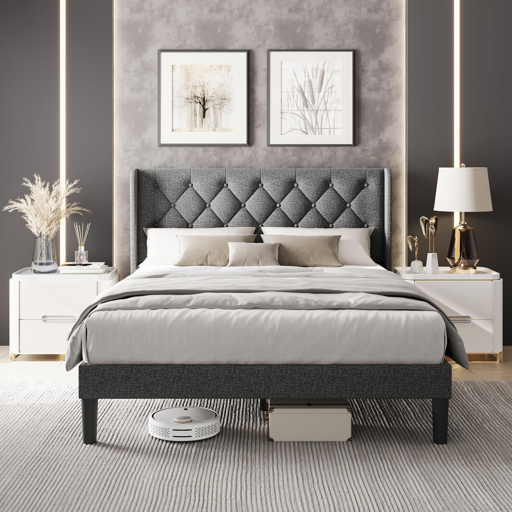 LINSY Full Size Bed Frame, Linen Upholstered Bed Frame with Headboard, Heavy Duty Platform Bed Full, NO Box Spring Needed, Noise-Free, Grey