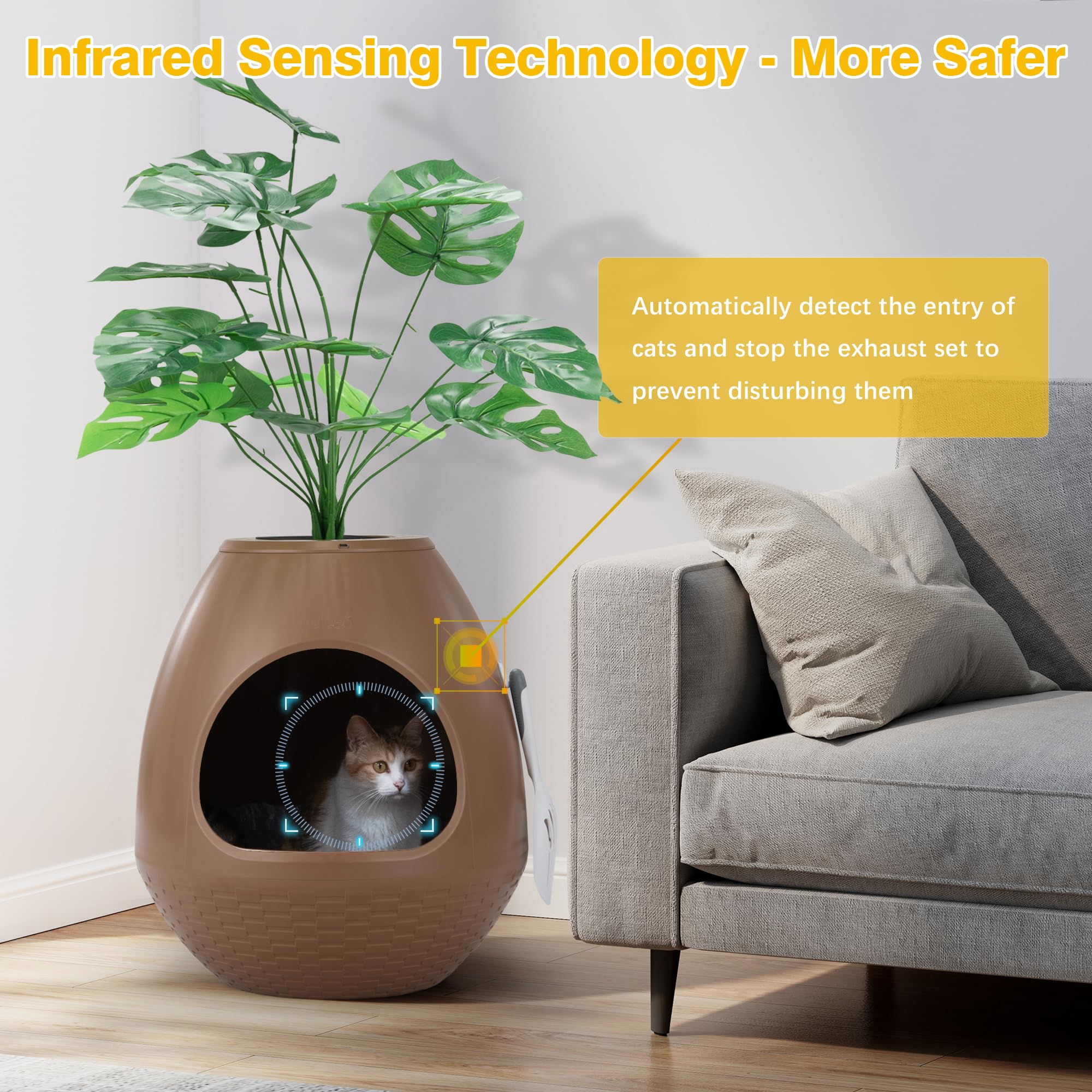 Eggloa6 Litter Box Plant Cat Litter Box Enclosure Secret Hidden Kitty Planter Litter Box Cat Litter & Housebreaking Cat Furniture with Smart Odor Removal System, Artificial Plants & Scoop (Brown)