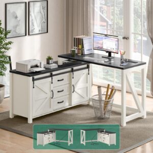 executive l shaped office desk with drawers, farmhouse corner desk for home office with storage cabinet, computer desk with charging station, reversible study writing table workstation, white