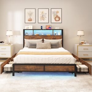 YITAHOME Queen Bed Frame with 4 Storage Drawers and Headboard, LED Lights and Charging Station with Metal Platform Bed Frame, No Box Spring Needed, Fast Assembly - Brown