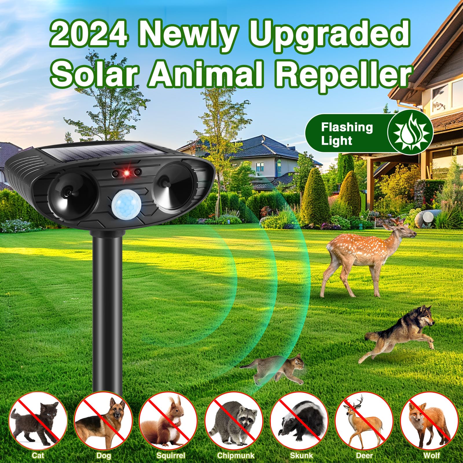 Ultrasonic Animal Repellent Outdoor Solar Animal Repeller with Motion Detection Cat Deterrent Outdoor Deer Repellent Device to Scare Coyote Raccoon Squirrel Skunk Repellent for Yard (2PCS)