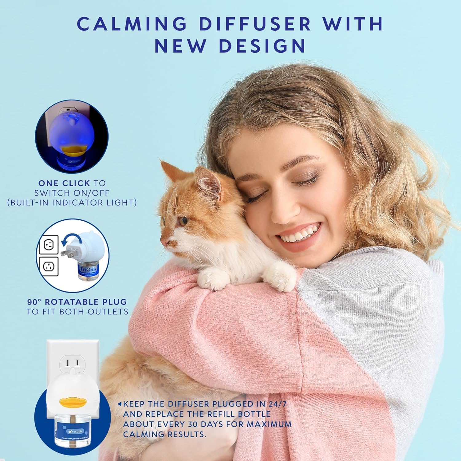 TriOak Cat Pheromones Calming Diffuser: Premium Cat Calming Diffuser - Cat Pheromone Diffuser - Pheromone Diffuser to Calm Cats - Cute Shape Feline Pheromone Diffuser, 2Pack (Blue)