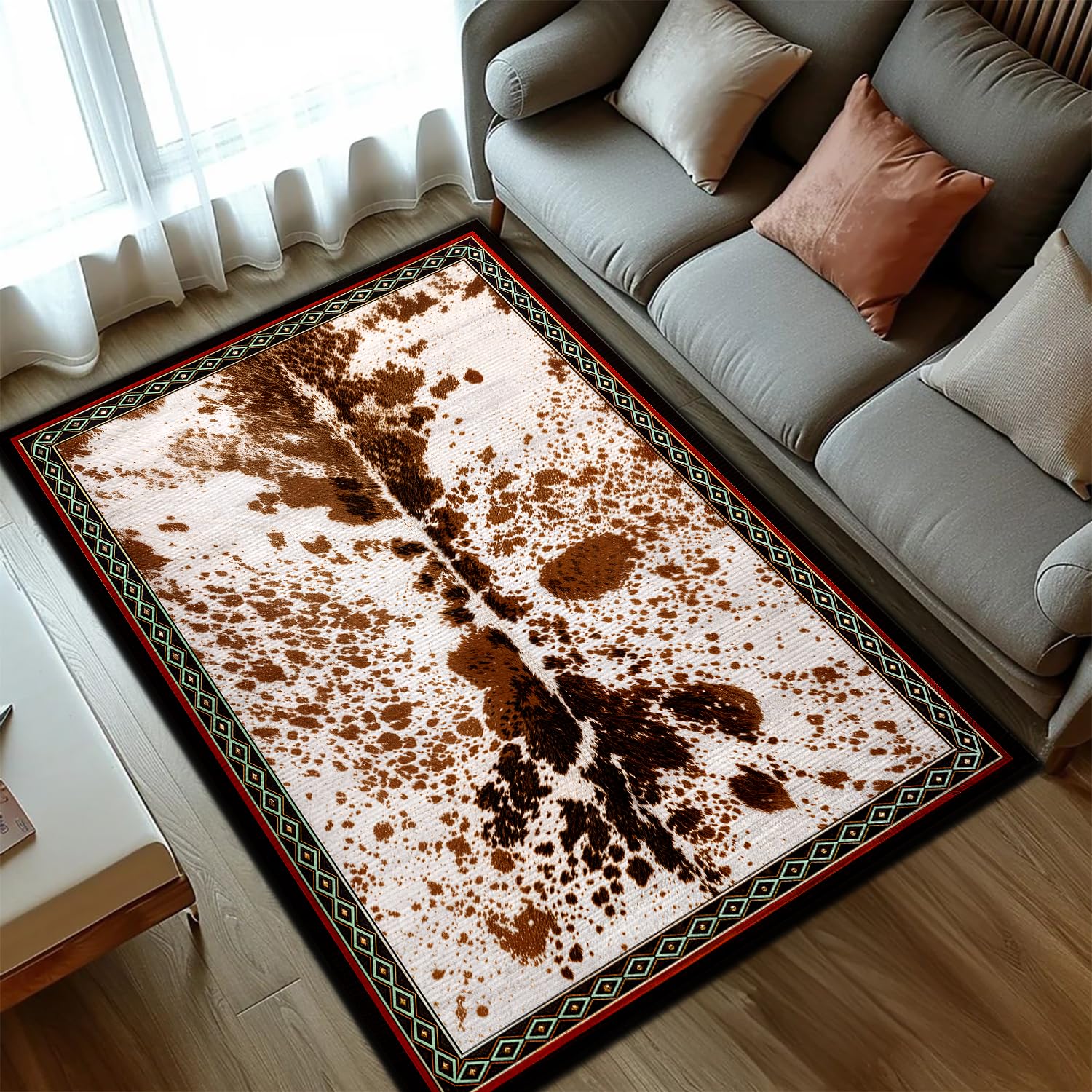 Western Cowhide Rugs for Living Room, Classic Style Decorative Cowhide Rugs, Full Sizes 3x5, 5x6, 5x7, 6x9 ft, Washable Area Rugs, Non-Slip Low Pile Carpet, Ultra Soft Rug for Indoor Use 04