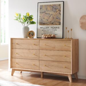 redlemon 6 drawer dresser, 54" wide mid century modern chest of drawers, beveled profile design, wood drawer organizer for bedroom, living room, hallway, natural oak color