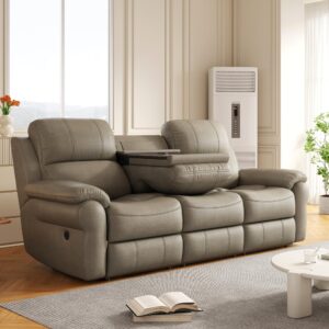 Plococo 85inch Power Recliner Sofa with Wireless Charger and Cupholder, Breathable Tech Cloth Fabric Reclining Sofa with Drop Down Table,USB Button,3 Seater Sofa (Khaki)