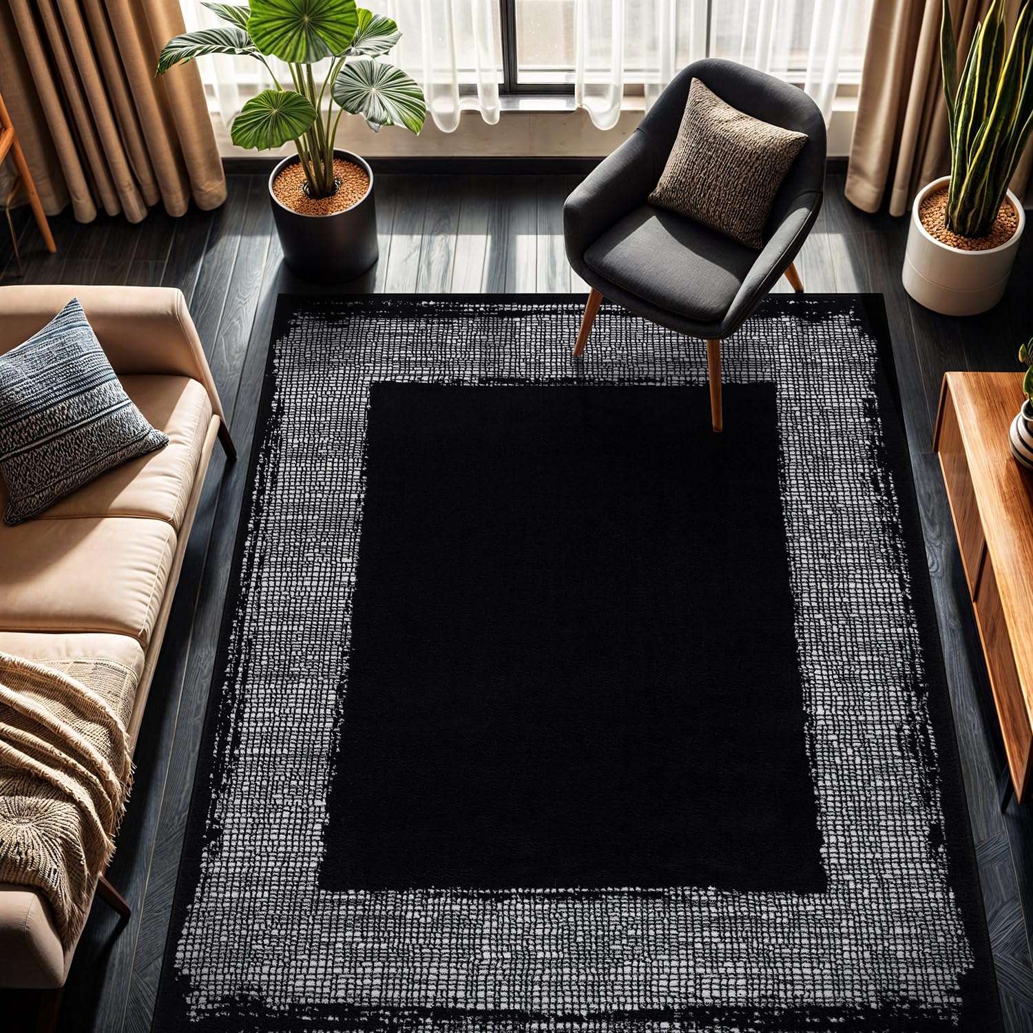 CAMILSON Modern Area Rug 5x7 Black Rugs Solid Color Bordered Design for Living Room Bedroom Easy-Cleaning Non-Shedding Indoor Carpet Alfombras para Salas Modernas (5 x 7 Black and Cream)