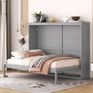 merax modernmurphy cabinet bed, solid wood wall platform bed/no box spring needed/easy assemble/full,gray