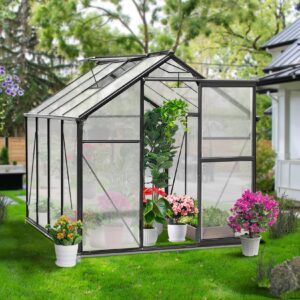 garveelife 6x8 ft outdoor greenhouse, polycarbonate green houses for outside, heavy duty large walk in green house for plants with aluminum frame, roof vent, rain gutters for garden backyard