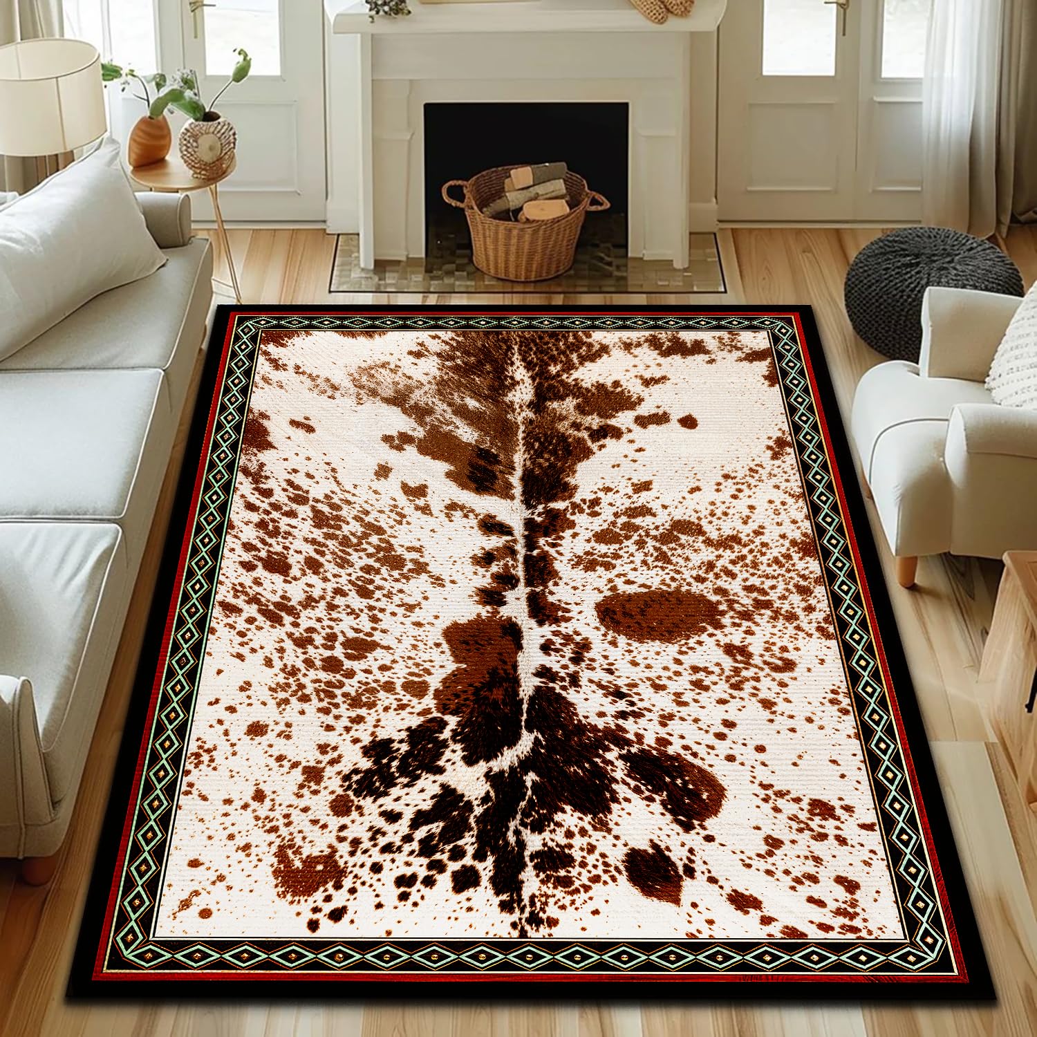 Western Cowhide Rugs for Living Room, Classic Style Decorative Cowhide Rugs, Full Sizes 3x5, 5x6, 5x7, 6x9 ft, Washable Area Rugs, Non-Slip Low Pile Carpet, Ultra Soft Rug for Indoor Use 04