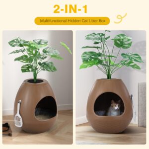 Eggloa6 Litter Box Plant Cat Litter Box Enclosure Secret Hidden Kitty Planter Litter Box Cat Litter & Housebreaking Cat Furniture with Smart Odor Removal System, Artificial Plants & Scoop (Brown)