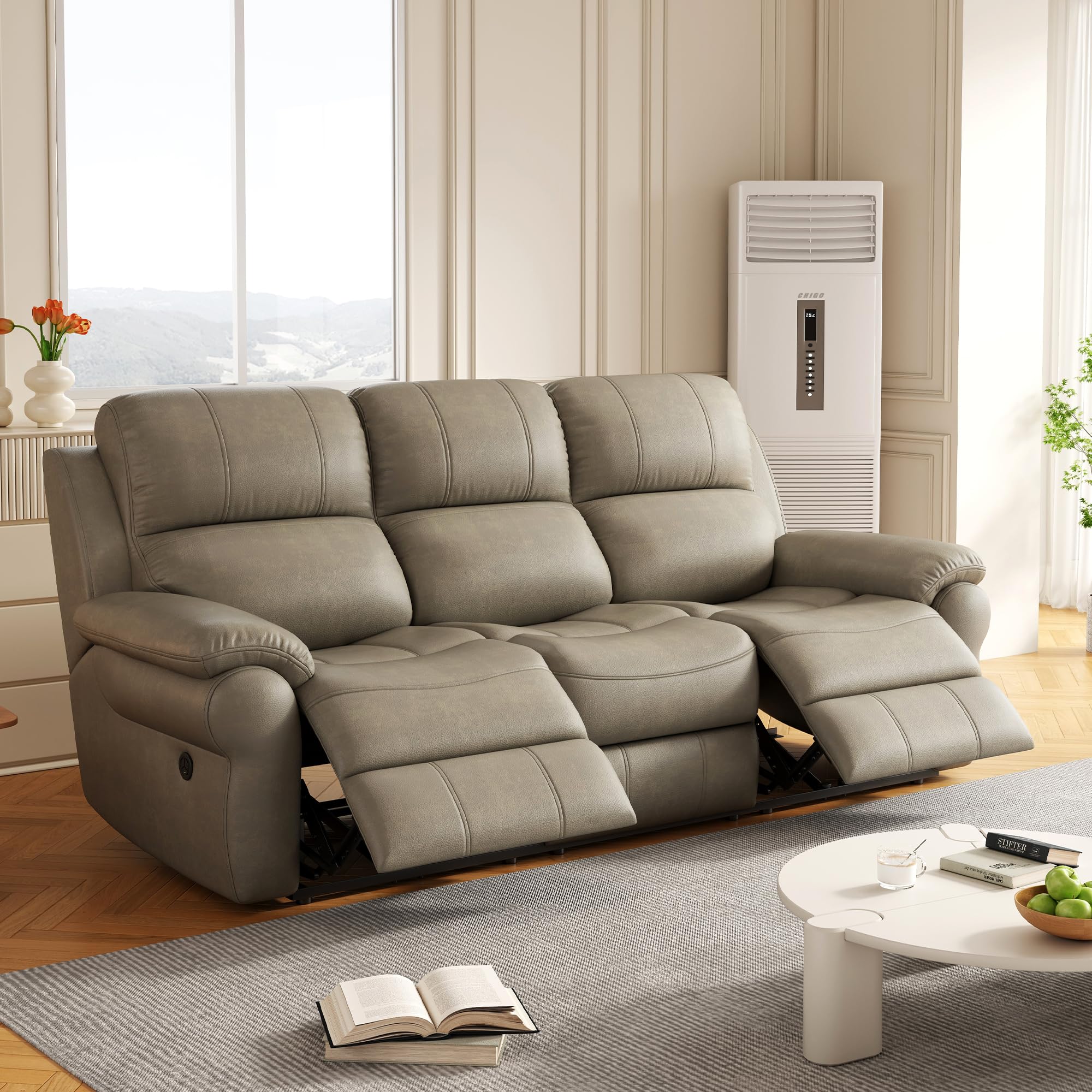 Plococo 85inch Power Recliner Sofa with Wireless Charger and Cupholder, Breathable Tech Cloth Fabric Reclining Sofa with Drop Down Table,USB Button,3 Seater Sofa (Khaki)