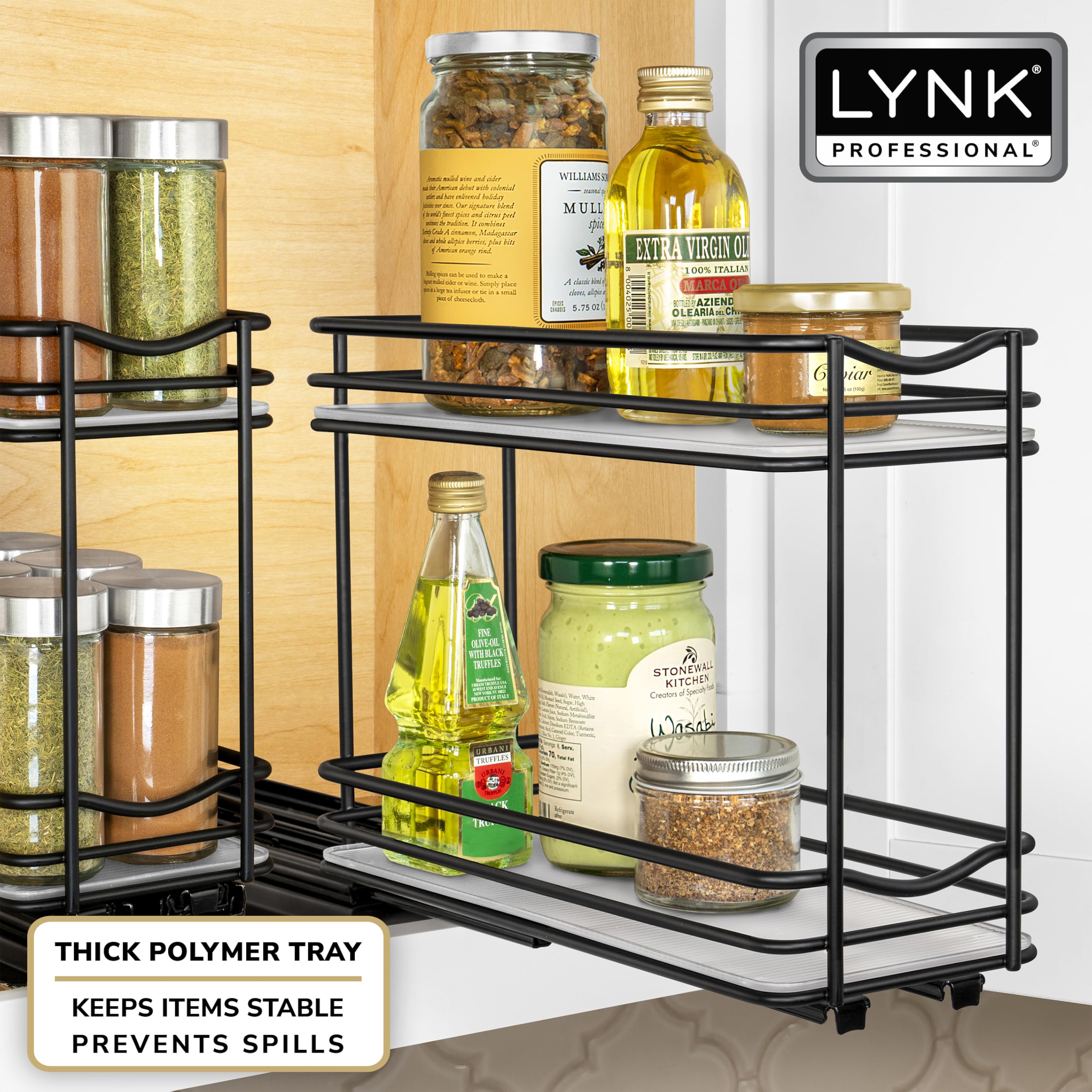 LYNK PROFESSIONAL® Pull Out Spice Rack Organizer for Inside Kitchen Cabinets - 4-1/4 inch Wide - Slide Out Drawer – Black Sliding Spice Cabinet Organization Shelf Racks - 2 Tier