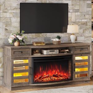 luxoak 70" farmhouse curved fireplace tv stand, led light entertainment center table with 36'' upgrade electric fireplace tv console cabinet for tvs up to 80", wash grey