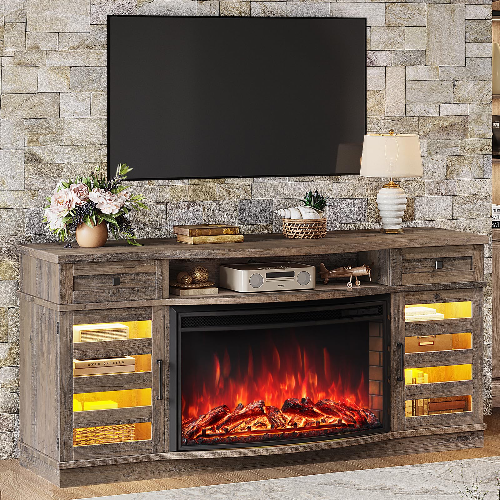 LUXOAK 70" Farmhouse Curved Fireplace TV Stand, LED Light Entertainment Center Table with 36'' Upgrade Electric Fireplace TV Console Cabinet for TVs Up to 80", Wash Grey