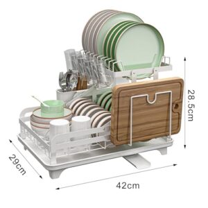 LEAQU Dish Drying Rack,2-Tier Metal Dish Drying Rack with Drain Board, Anti-Rust No Installation Dish Drainer with Utensil Holder,Kitchen Organizer for Dishes, Spoons and Forks White