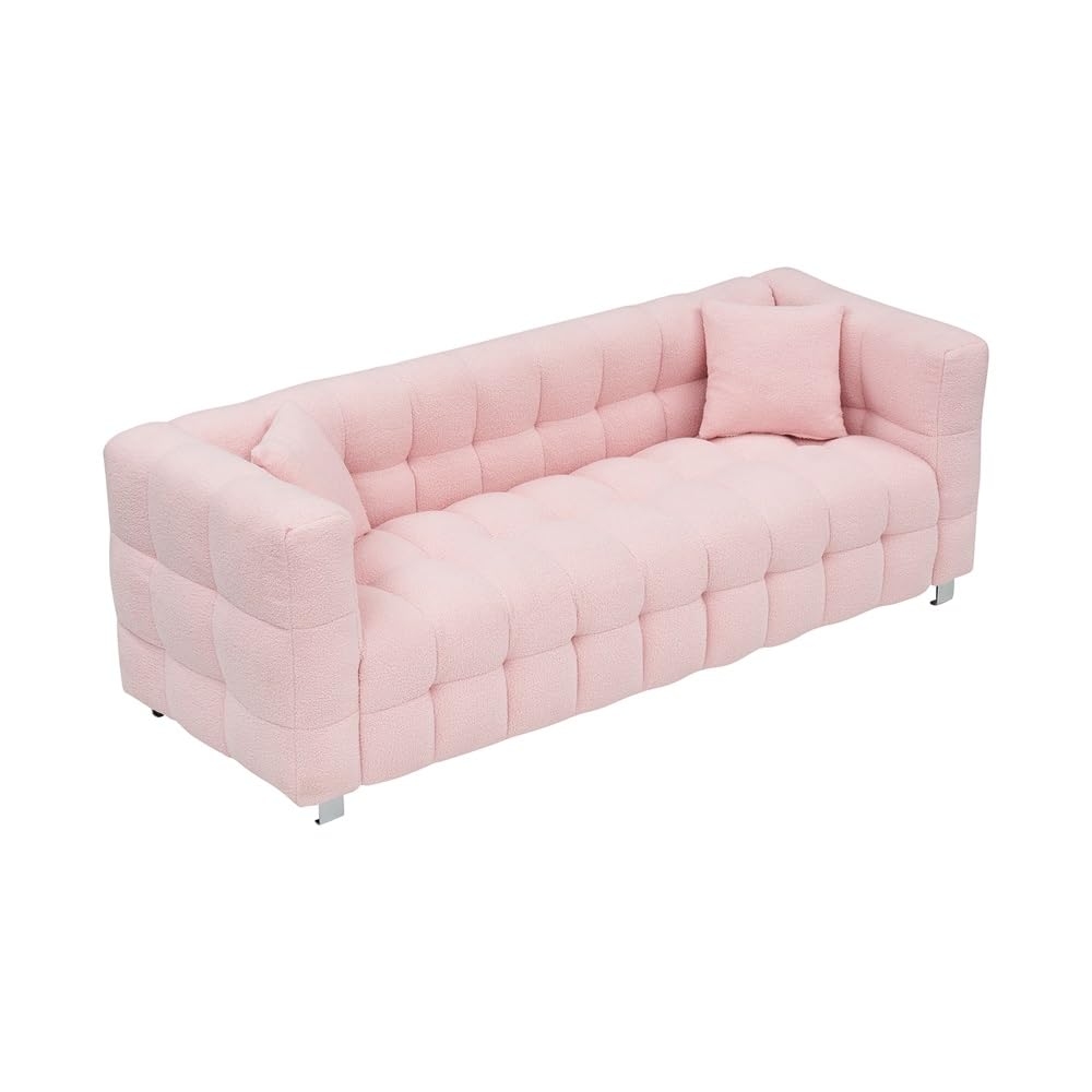 QSOSTNS Teddy Fleece Sofa 80 Inch Couch, Perfect for Living Room or Bedroom, Complete with Two Throw Pillows and Sturdy Hardware Foot Support (Pink)