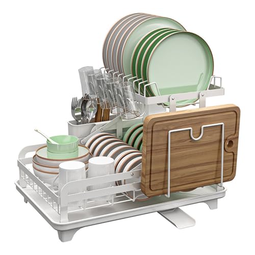 LEAQU Dish Drying Rack,2-Tier Metal Dish Drying Rack with Drain Board, Anti-Rust No Installation Dish Drainer with Utensil Holder,Kitchen Organizer for Dishes, Spoons and Forks White