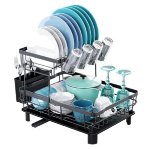 leaqu dish drying rack,2-tier dish rack for kitchen counter, metal dish drainer with drainboard,utensil holder,anti-rust sink drying dish strainer rack for kitchen black