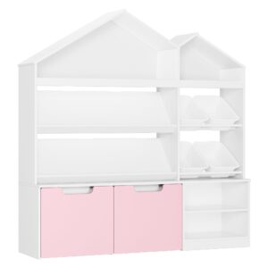 FACBOTALL 2 Tier Book Shelf for Books and Toy Storage, Toy Organizers and Storage with 2 Drawers and 4 Mobile Toy Boxes, Toy Storage Organizer for Living Room, Bedroom, Bookstore, Library