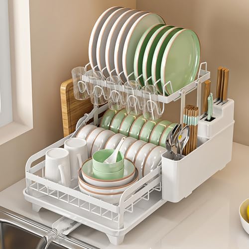 LEAQU Dish Drying Rack,2-Tier Metal Dish Drying Rack with Drain Board, Anti-Rust No Installation Dish Drainer with Utensil Holder,Kitchen Organizer for Dishes, Spoons and Forks White